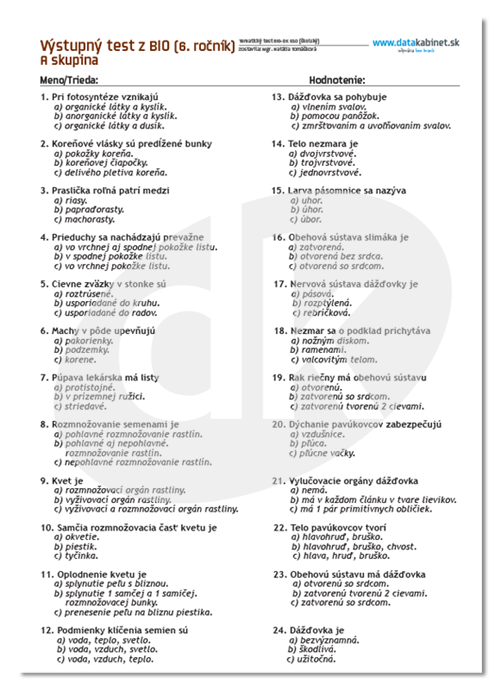 Výstupný test z BIO (6. ročník) | datakabinet.sk