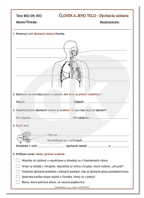 Test BIO-DK 002 Človek - Dýchacia sústava | datakabinet.sk