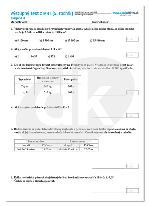 Výstupný test z MAT (5. ročník) | datakabinet.sk