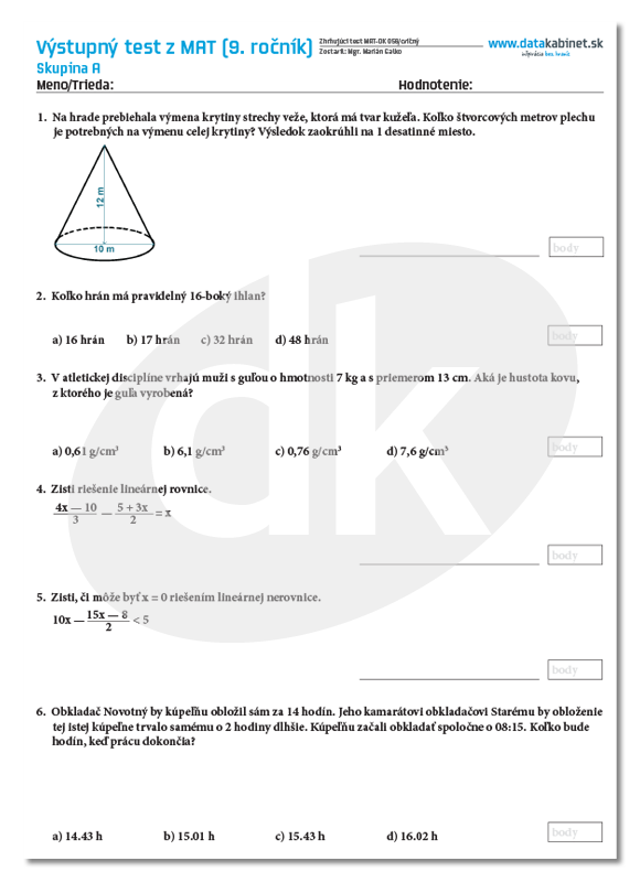 Výstupný test z MAT (9. ročník) | datakabinet.sk
