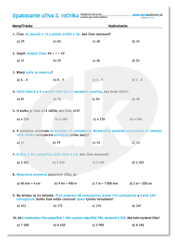 Opakovanie učiva 3. ročníka | datakabinet.sk