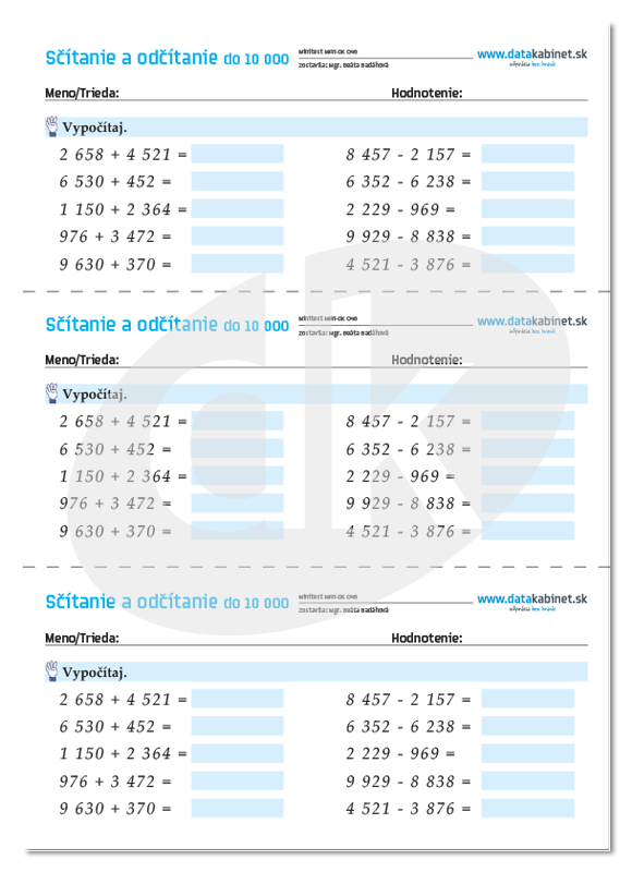 Sčítanie a odčítanie vedľa seba | datakabinet.sk