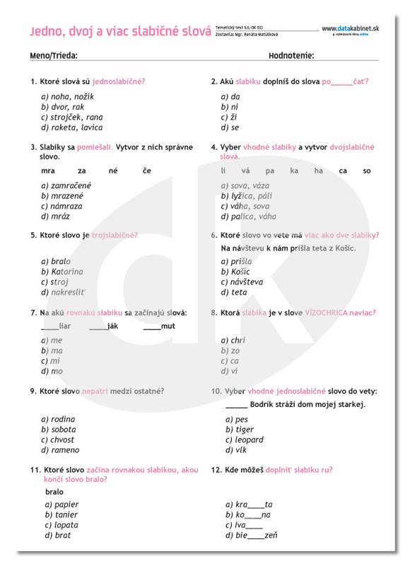 Jedno, dvoj a viac slabičné slová | datakabinet.sk