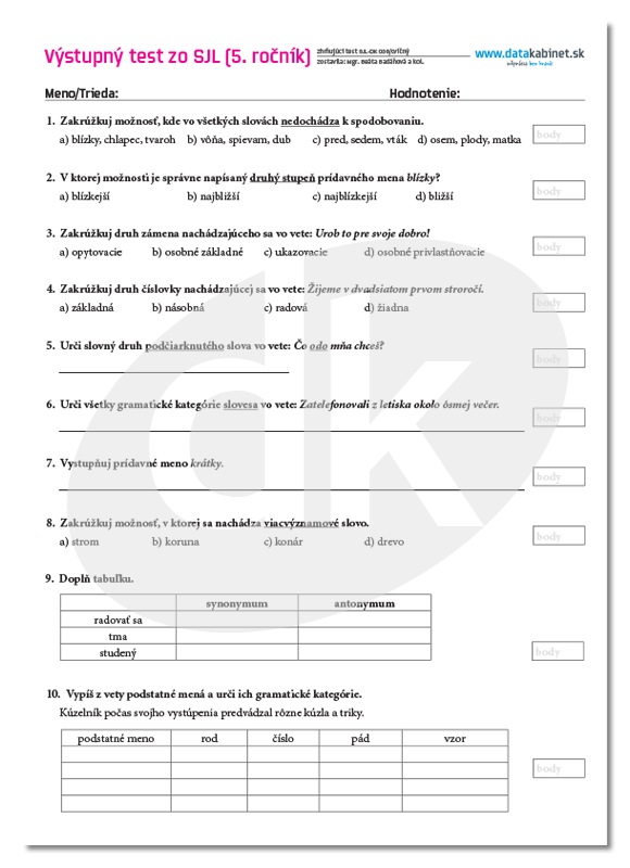 Výstupný test zo SJL (5. ročník) | datakabinet.sk