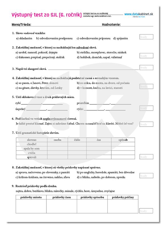 Výstupný test zo SJL (6. ročník) | datakabinet.sk