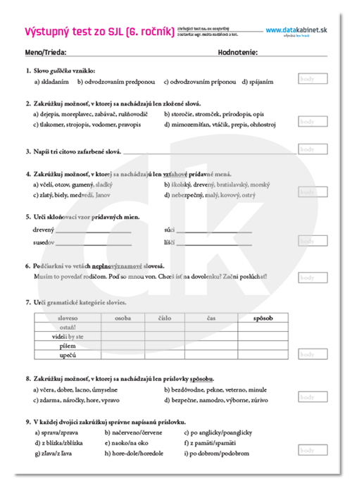 Výstupný test zo SJL (6. ročník) | datakabinet.sk